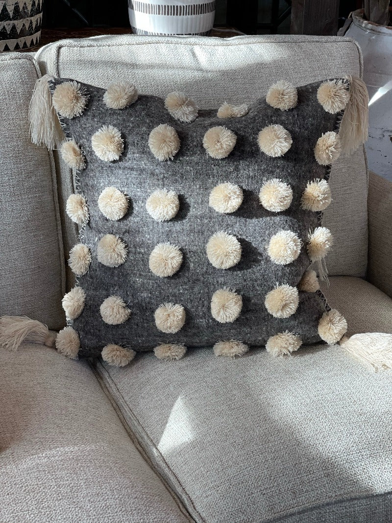 Handwoven Chiapas Pompom Pillow Grey