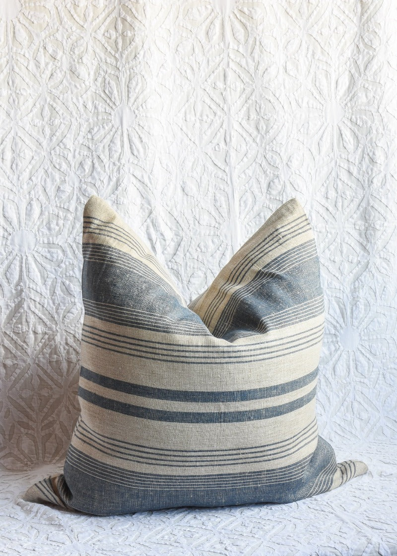 Striped Linen Pillow - Tan & Blue